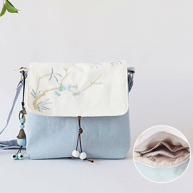 Buddha Stones Handmade Embroidered Plum Flowers Canvas Crossbody Bag S ...