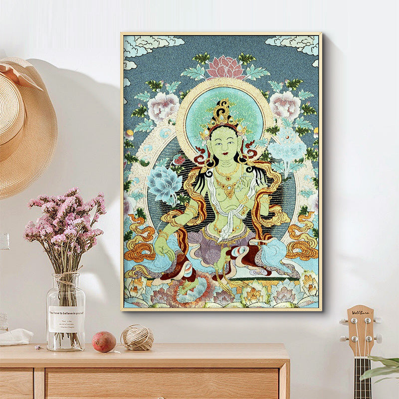 Buddha Stones Tibetan Embroidery White Tara Thangka Tapestry Wall Hang ...