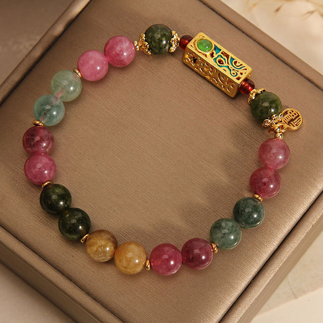 Buddha Stones Colorful Tourmaline Positive Fu Character Charm Bracelet ...