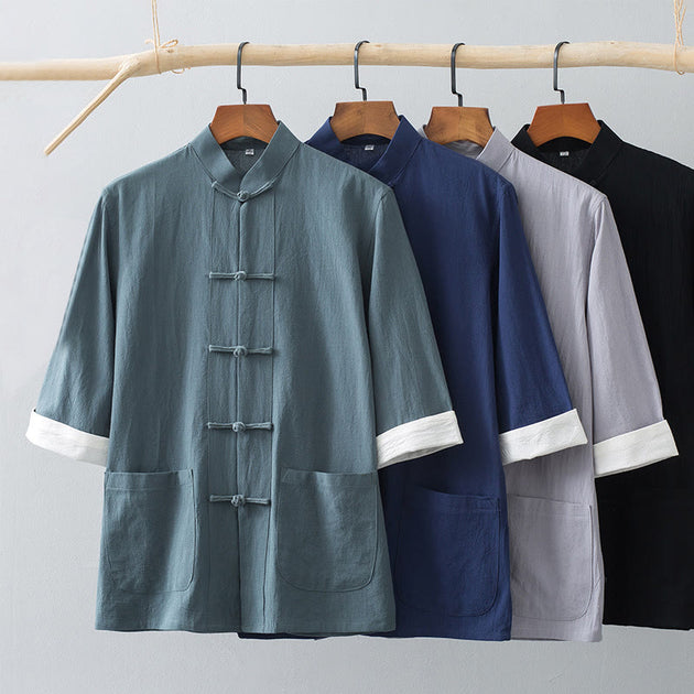 Buddha Stones Frog-Button Chinese Tang Suit Half Sleeve Shirt Cotton M ...