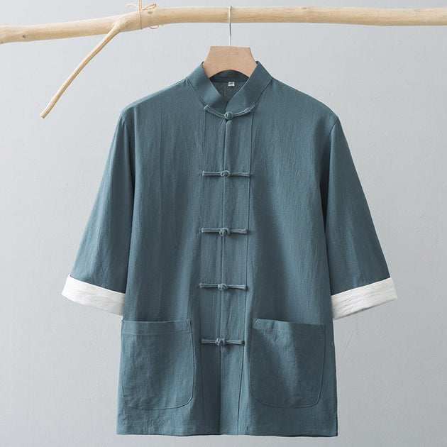 Buddha Stones Frog-Button Chinese Tang Suit Half Sleeve Shirt Cotton M ...