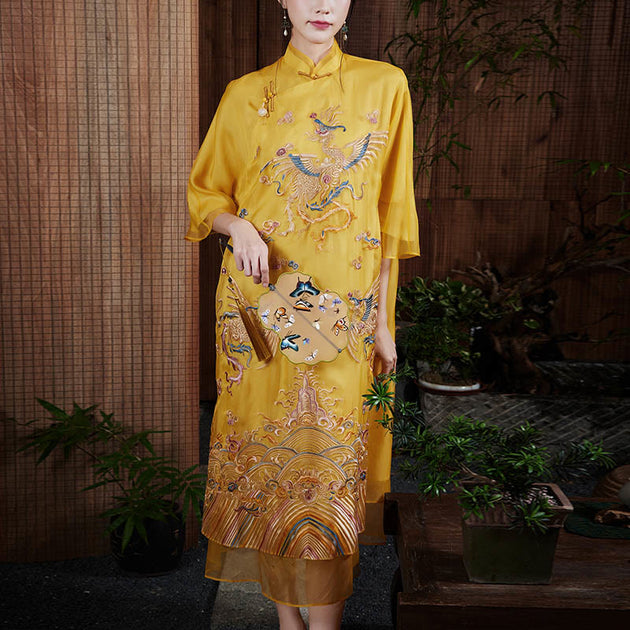 Buddha Stones 100% Mulberry Silk Organza Dress Embroidered Yellow Phoe ...