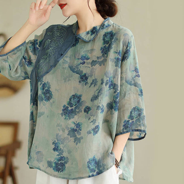 Buddha Stones PLUS SIZE Blue Jacaranda Flower Design Three Quarter Sle ...