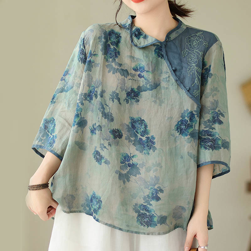 Buddha Stones PLUS SIZE Blue Jacaranda Flower Design Three Quarter Sle ...