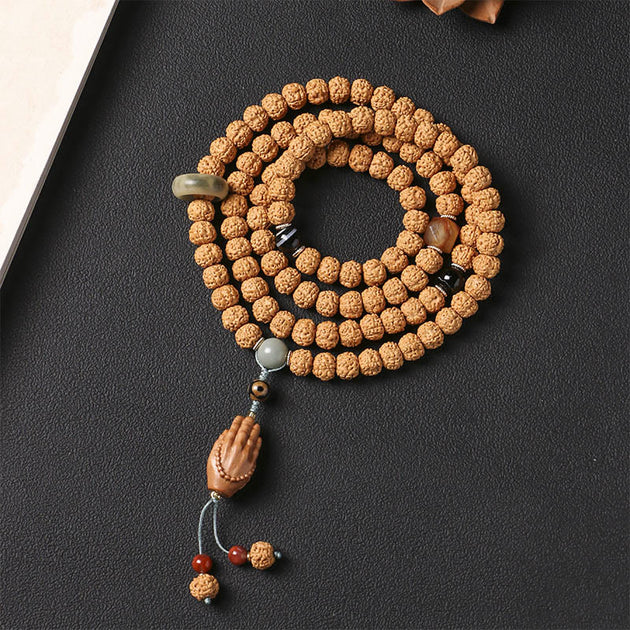Buddha Stones Bodhi Seed Three-eyed Dzi Bead Buddha Hand Charm Wealth ...