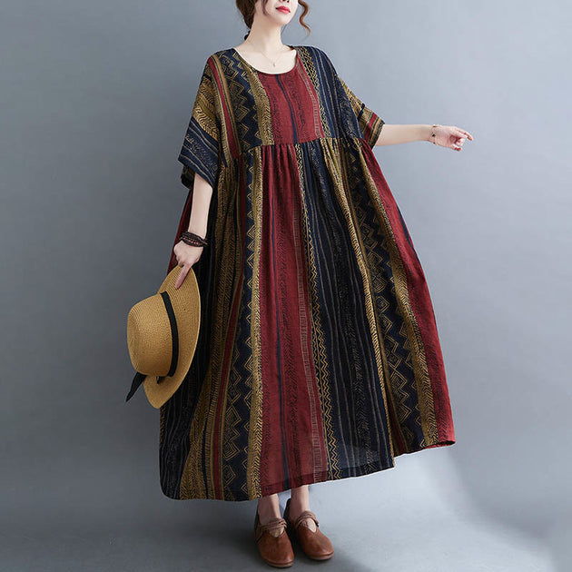 Buddha Stones Boho Geometry Short Sleeve Midi Dress With Pockets ...