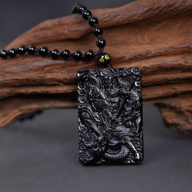 Buddha Stones Black Obsidian Guan Gong Amulet Engraved Strength Neckla ...