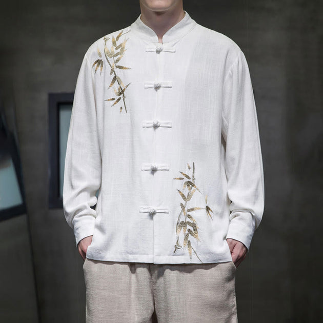 Buddha Stones Chinese Frog-Button Tang Suit Bamboo Leaves Long Sleeve ...