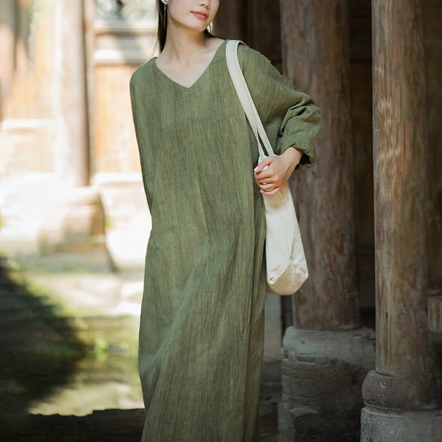 Buddha Stones Solid Color Chinese V-neck Long Sleeve Ramie Linen Midi ...