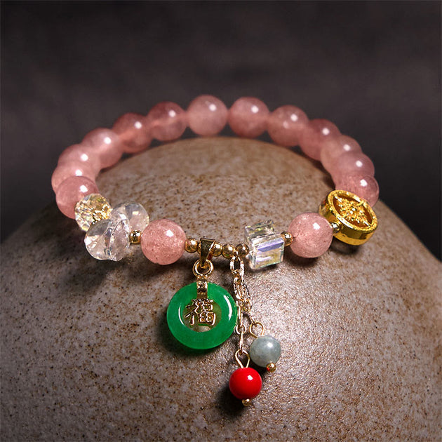 Buddha Stones Strawberry Quartz Jade Fu Character Charm Healing Bracel ...
