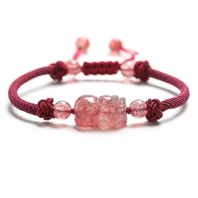 Buddha Stones Natural Strawberry Quartz PiXiu Red String Braided Prote ...