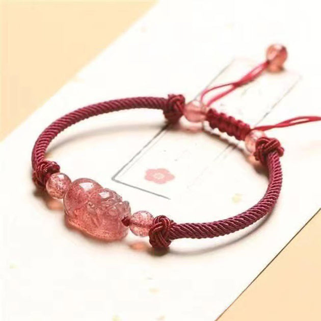 Buddha Stones Natural Strawberry Quartz PiXiu Red String Braided Prote ...