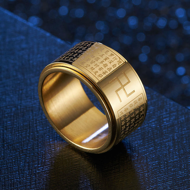 Buddha Stones Heart Sutra Swastika Titanium Steel Luck Rotatable Ring ...