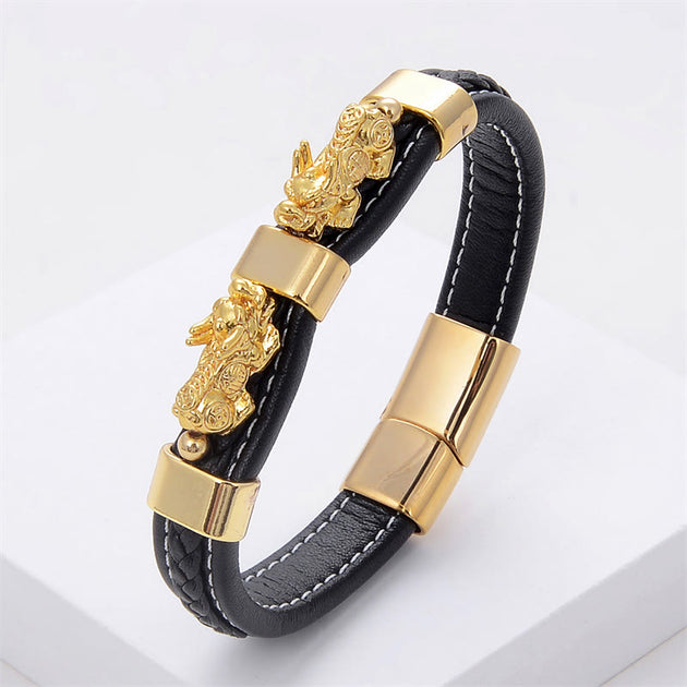 Buddha Stones Double PiXiu Wealth Luck Leather Magnetic Buckle Bracele ...