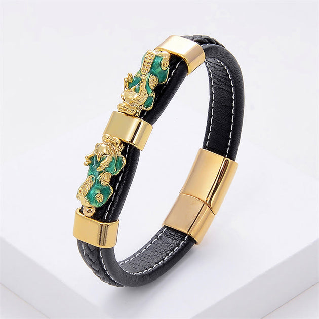 Buddha Stones Double PiXiu Wealth Luck Leather Magnetic Buckle Bracele ...