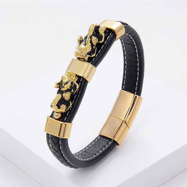 Buddha Stones Double PiXiu Wealth Luck Leather Magnetic Buckle Bracele ...