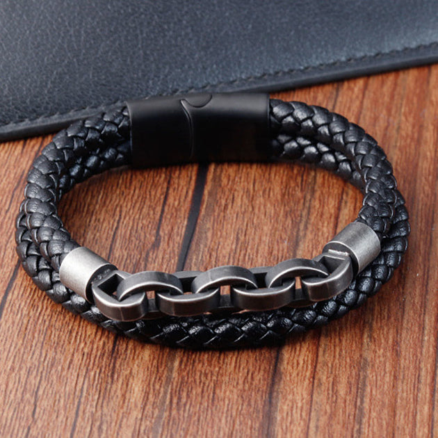 Buddha Stones Chain Design Titanium Steel Balance Leather Braided Buck ...