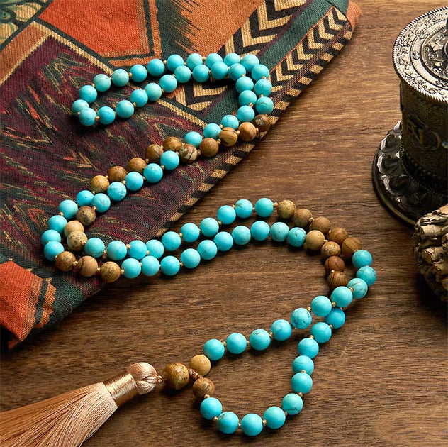 Buddha Stones 108 Mala Beads Turquoise Picture Jasper Bead Tassel Bala ...