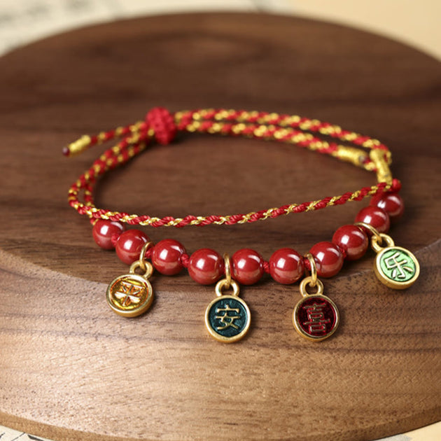 Buddha Stones Cinnabar Peace And Joy Red String Adjustable Blessing Br ...