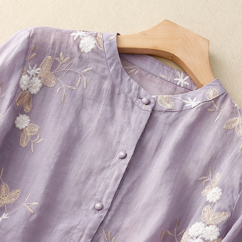 Buddha Stones Casual Embroidered Petals Spliced Women's Crew Neck Desi ...