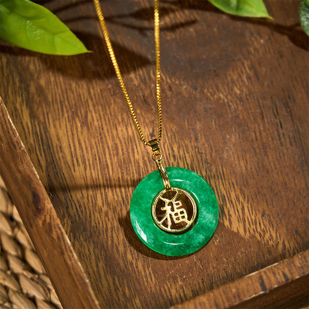 Buddha Stones Cyan Jade Fu Character Peace Buckle Healing Luck Necklac ...