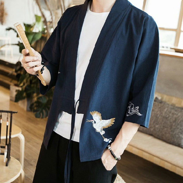 Buddha Stones Embroidery Open Front Jacket Cotton Linen Men's Three Qu ...
