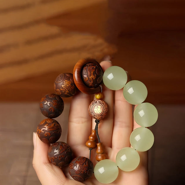 Buddha Stones Sappan Wood Engraving Pixiu Fu Character Cure Bracelet ...