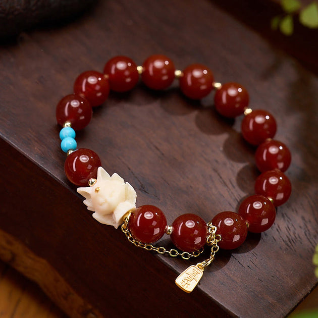 Buddha Stones Nine Tailed Fox Joy Red Agate Ivory Fruit Copper Plated ...