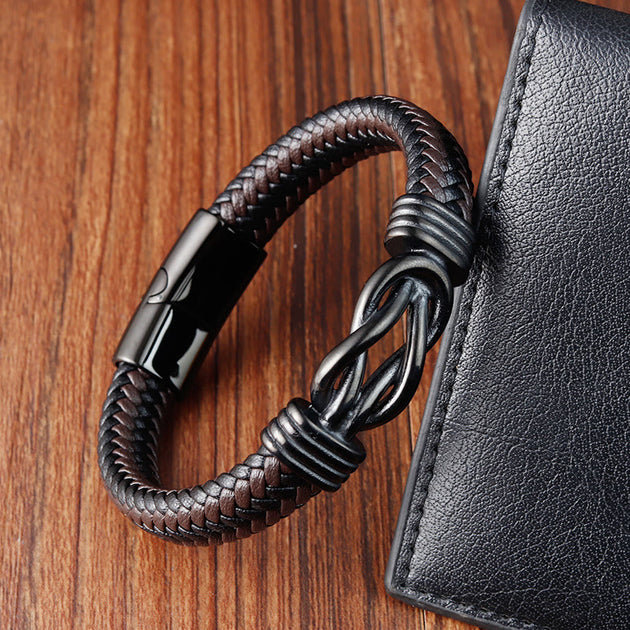 Buddha Stones Endless Knot Pattern Titanium Steel Balance Leather Buck ...