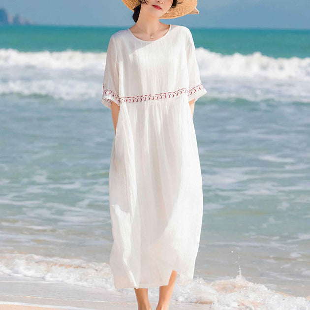 Buddha Stones Solid Color Embroidery Short Sleeve Cotton Midi Dress Wi ...