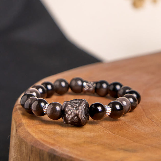 Buddha Stones Natural Silver Sheen Obsidian Lion Dance Protection Brac ...
