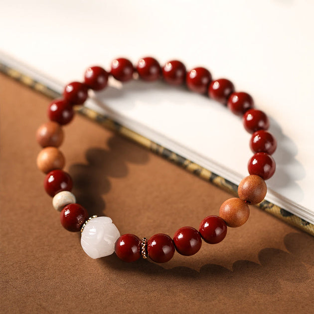 Buddha Stones Cinnabar Wood Beads Lotus Fu Character Blessing Bracelet ...