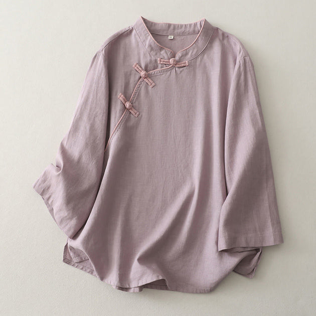 Buddha Stones Plain Slanted Buttons Cotton Linen Women's Shirt ...