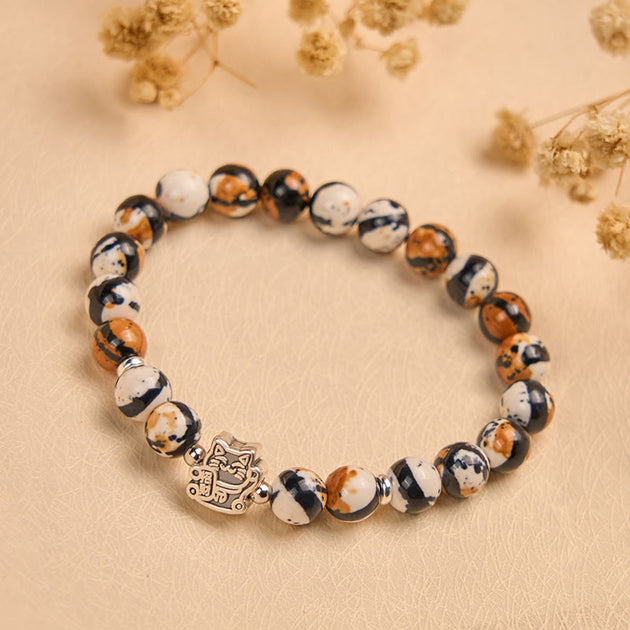 Buddha Stones 925 Sterling Silver Calico Cat Stone Bead Bracelet ...