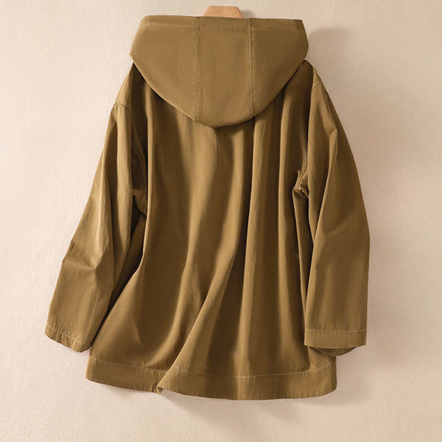 Buddha Stones Pure Color Hooded Women's Long Sleeve Cotton Jacket With ...