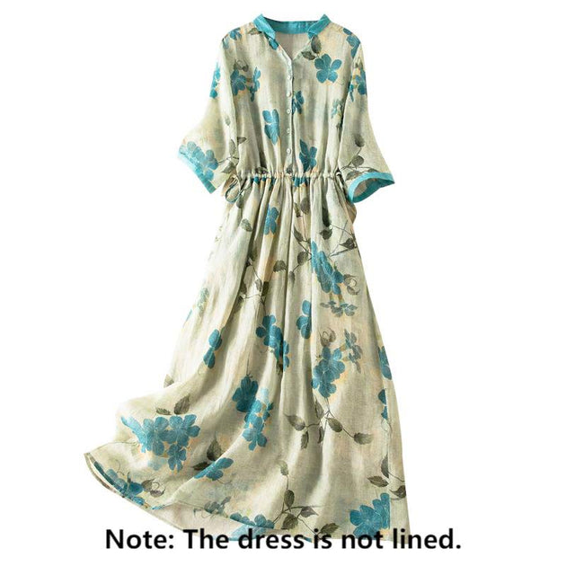 Buddha Stones Half Sleeve Color Contrast Floral Pattern Midi Dress Wit ...