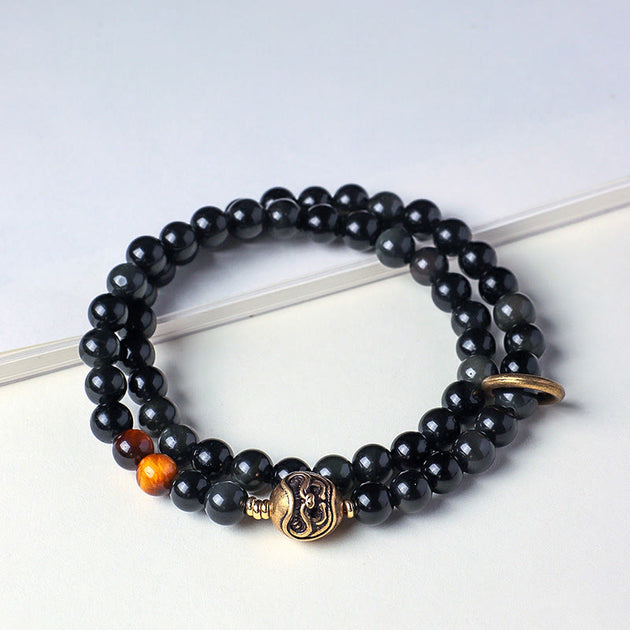 Buddha Stones Tibetan Black Obsidian Tiger Eye Copper Double Wrap Stre ...