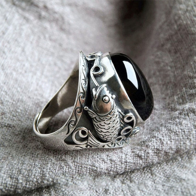 Buddha Stones Black Obsidian Koi Fish Symbol Strength Adjustable Ring ...