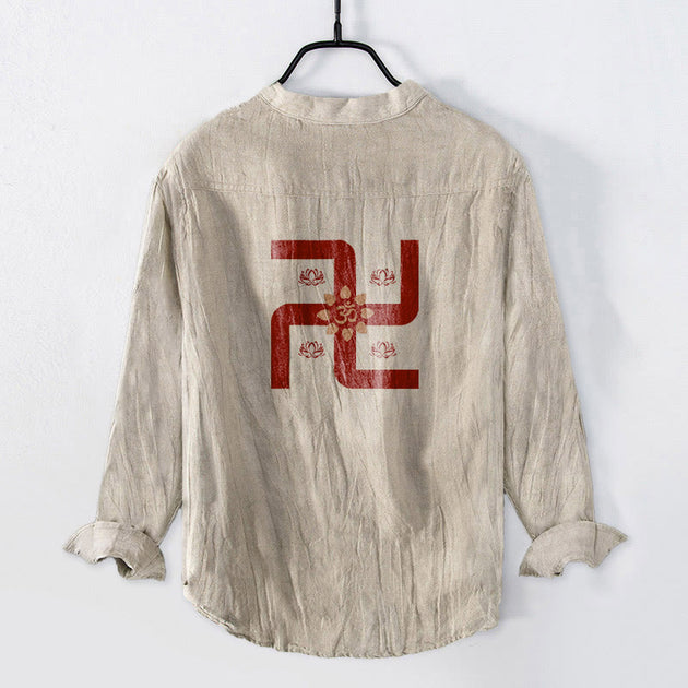 Buddha Stones Half Buttons Lotus Swastika Om Symbol Pattern Men's Cott ...