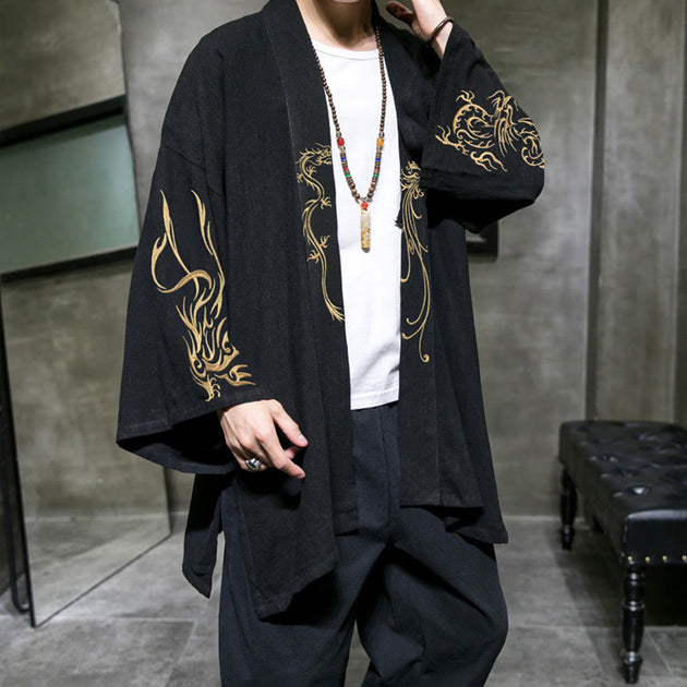 Buddha Stones Dragon Phoenix Open Front Long Sleeve Jacket Men's Cotto ...