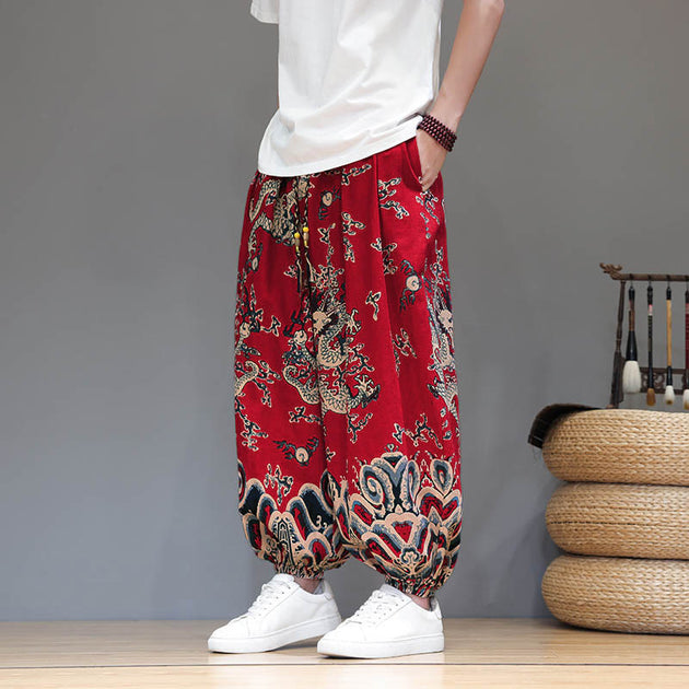 Buddha Stones Summer Dragon Drawstring Design Cotton Linen Men's Harem ...