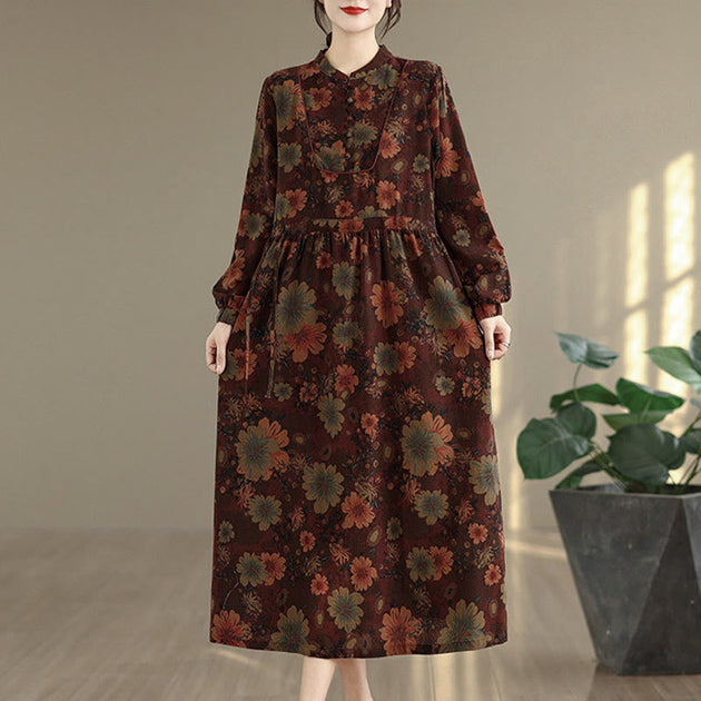 Buddha Stones Flower Pattern Long Sleeve Cotton Midi Dress With Pocket ...