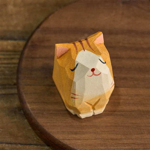 Buddha Stones Natural Texture Wood Orange Cat Hand-Carved Cute Animal ...