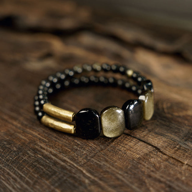 Buddha Stones Black Obsidian Gold Sheen Obsidian Strengthen Bracelet ...