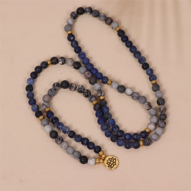 Buddha Stones 108 Mala Beads Sodalite Zebra Jasper Crystal Lotus Stren ...