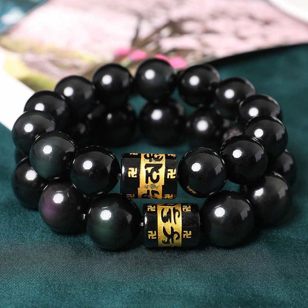 Buddha Stones Rainbow Obsidian Om Mani Padme Hum Swastika Positive Bra ...