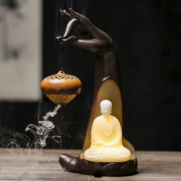 Buddha Stones Led Buddha Hand Backflow Smoke Fountain Healing Ceramic ...
