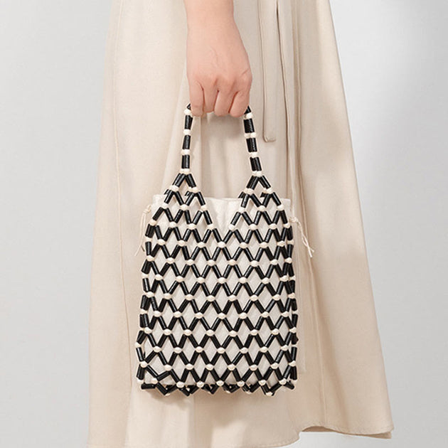 Buddha Stones Hand-woven Mesh Hollow Wooden Beads Handbag – buddhastoneshop