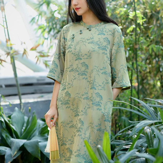 Buddha Stones Half Sleeve Jacquard Cheongsam Midi Dress With Pockets ...