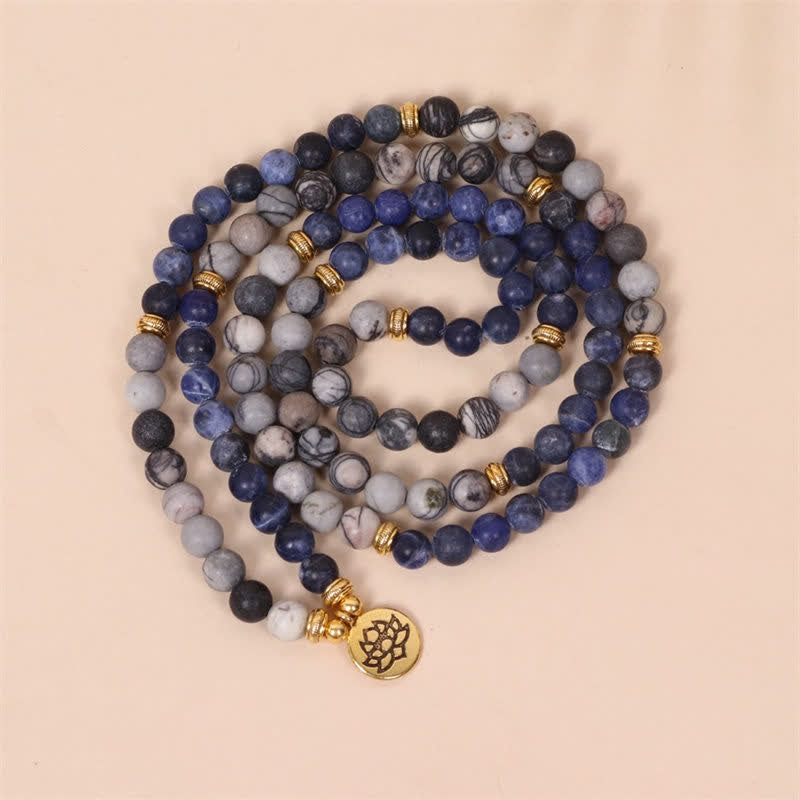 Buddha Stones 108 Mala Beads Sodalite Zebra Jasper Crystal Lotus Stren ...